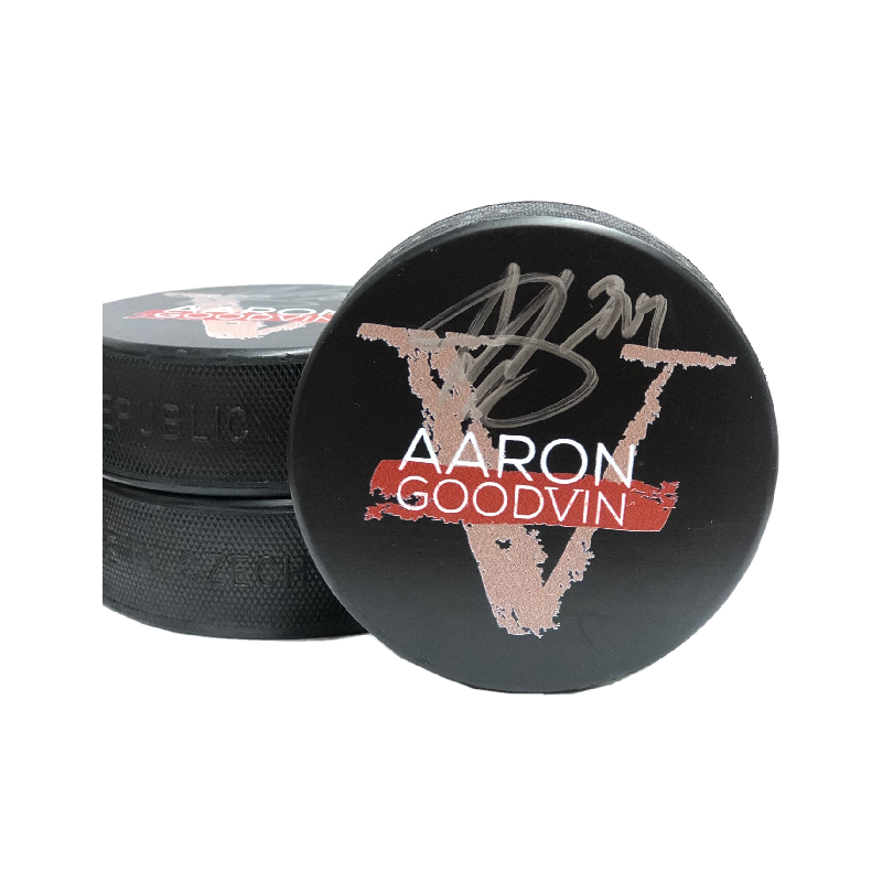 Aaron Goodvin AUTOGRAPHED Hockey Puck- V Album Logo – Richards and Southern